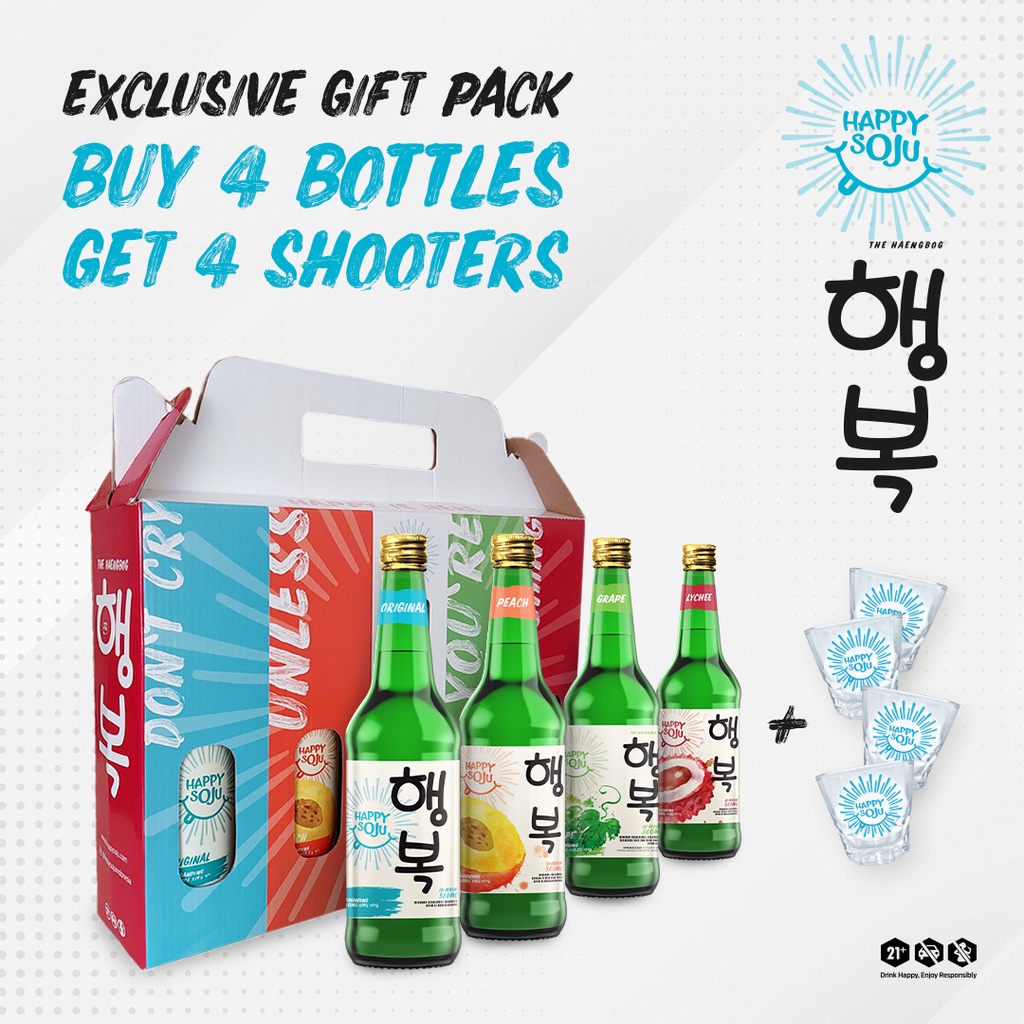 Exclusive gift pack Happy soju buy 4 bottle free 4 shooter - Happy Soju